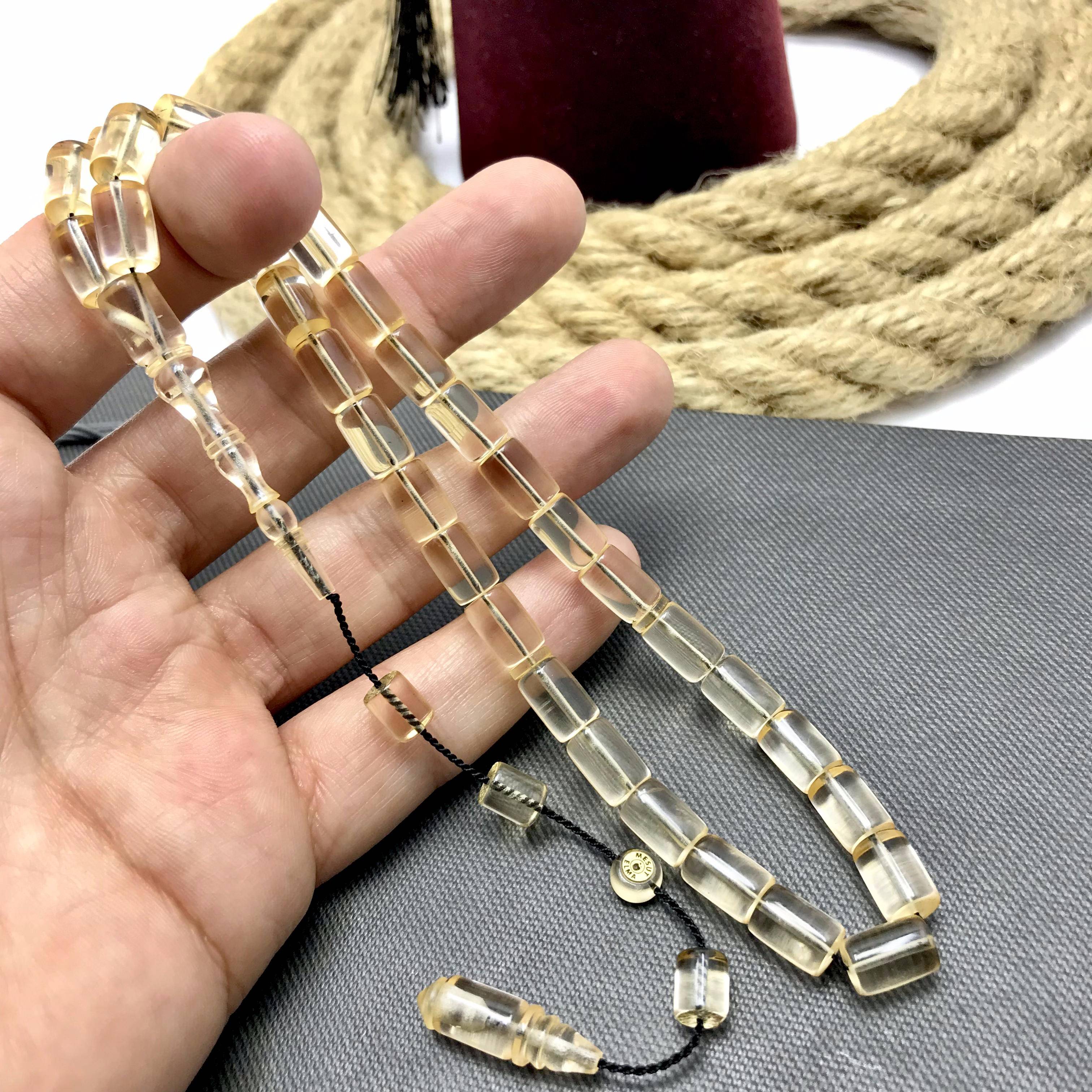 Mesut Elma Şeffaf Ateş Kehribar Tesbih