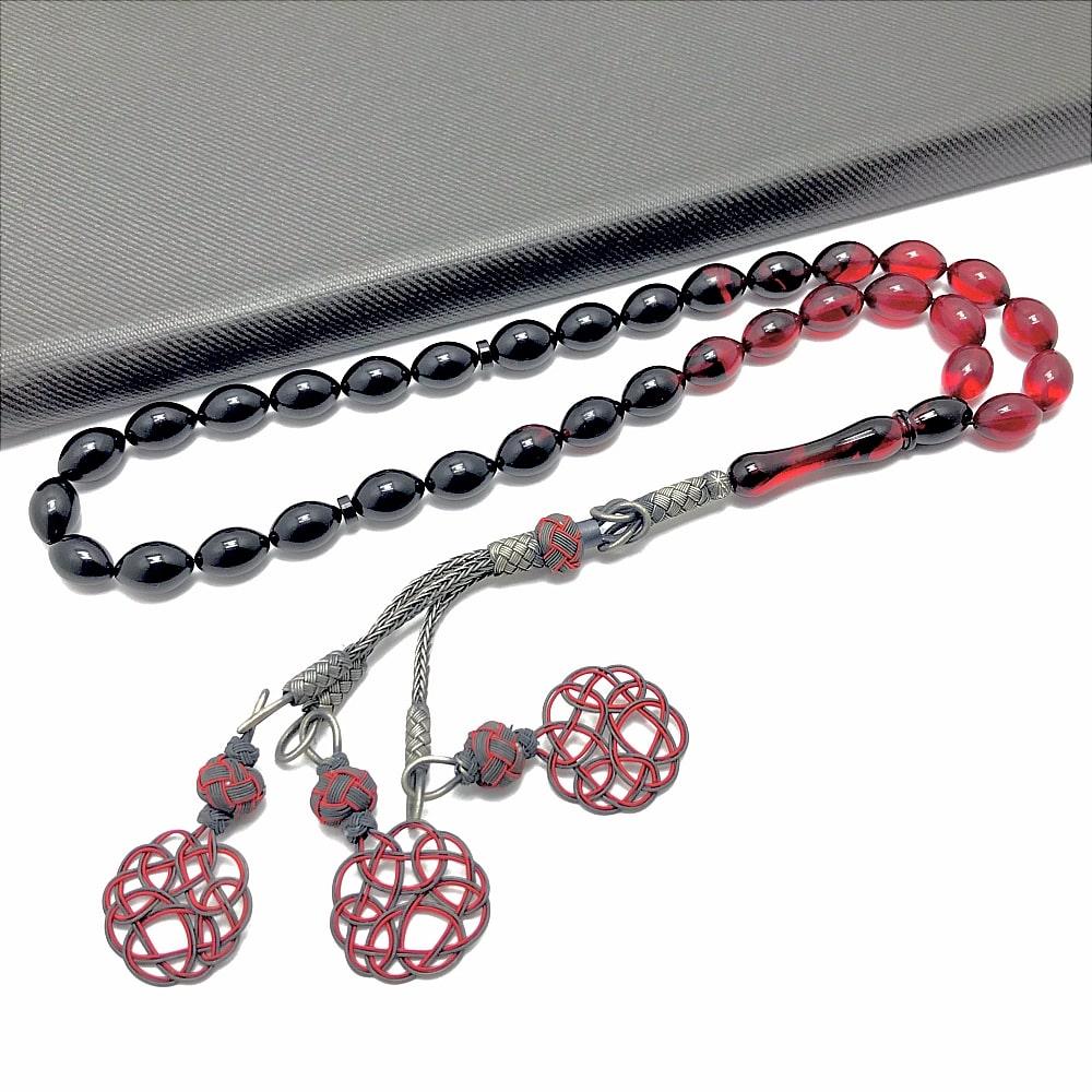Kırmızı Siyah Hareli Beyzi Kesim Ateş Kehribar Tesbih - 3,249.00 TL